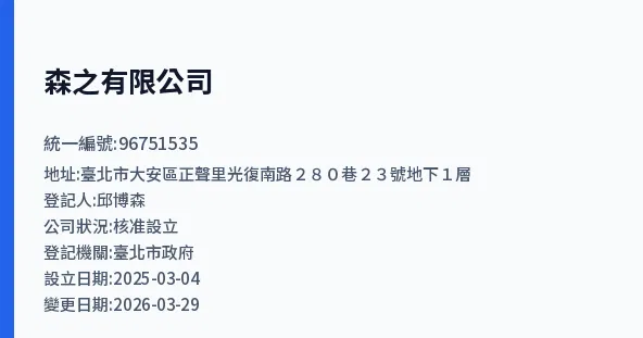 森之有限公司的照片-統編 96751535(臺北市) 公司登記資料與營業項目詳細圖表