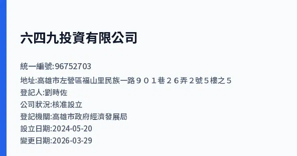 六四九投資有限公司的照片-統編 96752703(高雄市) 公司登記資料與營業項目詳細圖表