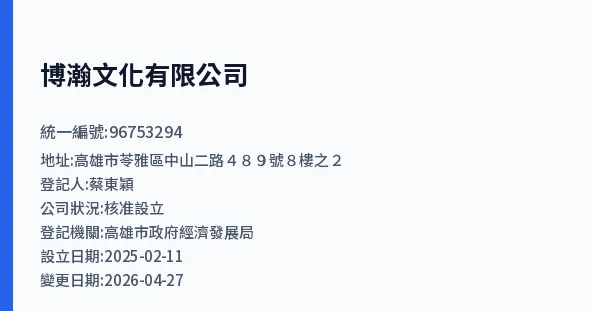 博瀚文化有限公司的照片-統編 96753294(高雄市) 公司登記資料與營業項目詳細圖表