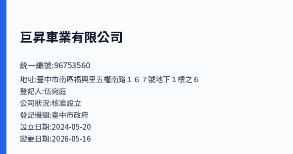 巨昇車業有限公司的照片-統編 96753560(臺中市) 公司登記資料與營業項目詳細圖表
