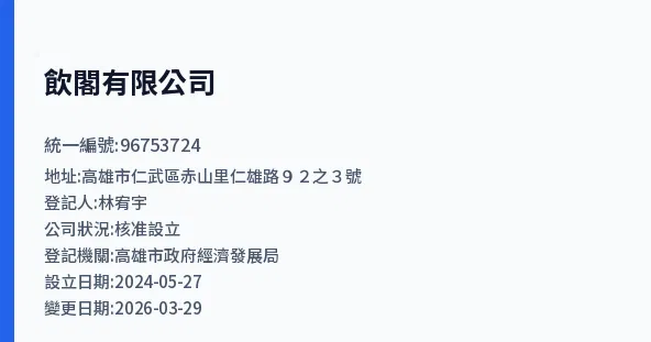 飲閣有限公司的照片-統編 96753724(高雄市) 公司登記資料與營業項目詳細圖表