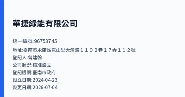 華捷綠能有限公司的照片-統編 96753745(臺南市) 公司登記資料與營業項目詳細圖表