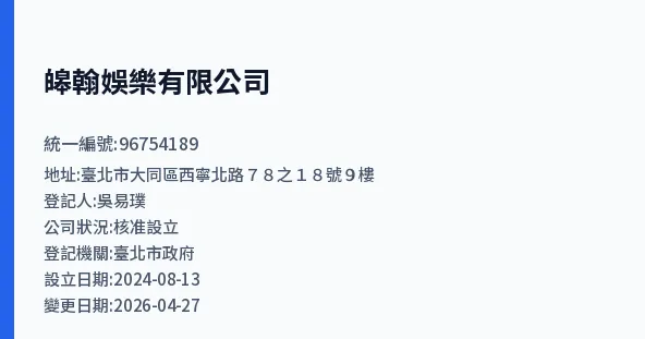 皞翰娛樂有限公司的照片-統編 96754189(臺北市) 公司登記資料與營業項目詳細圖表