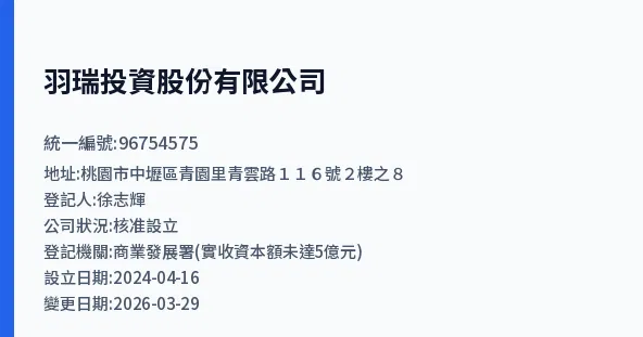 羽瑞投資股份有限公司的照片-統編 96754575(桃園市) 公司登記資料與營業項目詳細圖表
