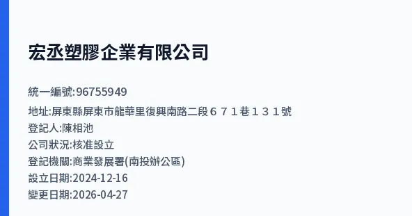 宏丞塑膠企業有限公司的照片-統編 96755949(屏東縣) 公司登記資料與營業項目詳細圖表