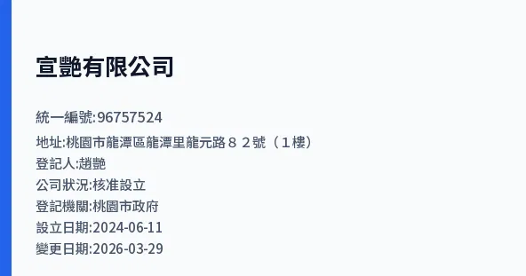 宣艷有限公司的照片-統編 96757524(桃園市) 公司登記資料與營業項目詳細圖表