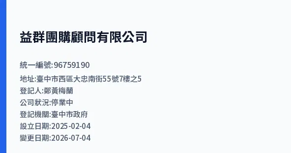 益群團購顧問有限公司的照片-統編 96759190(臺中市) 公司登記資料與營業項目詳細圖表
