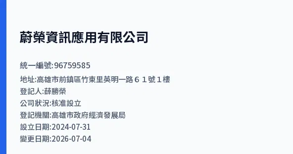 蔚榮資訊應用有限公司的照片-統編 96759585(高雄市) 公司登記資料與營業項目詳細圖表