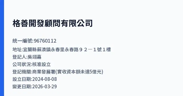 格善開發顧問有限公司的照片-統編 96760112(宜蘭縣) 公司登記資料與營業項目詳細圖表