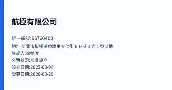 航極有限公司的照片-統編 96760400(新北市) 公司登記資料與營業項目詳細圖表
