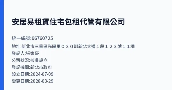 安居易租賃住宅包租代管有限公司的照片-統編 96760725(新北市) 公司登記資料與營業項目詳細圖表