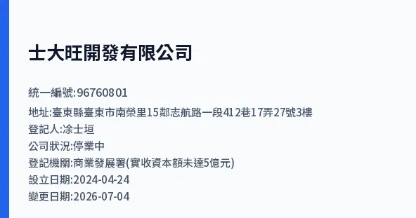士大旺開發有限公司的照片-統編 96760801(臺東縣) 公司登記資料與營業項目詳細圖表