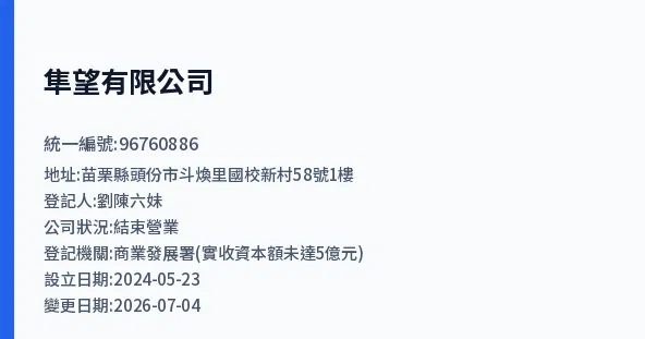 隼望有限公司的照片-統編 96760886(苗栗縣) 公司登記資料與營業項目詳細圖表