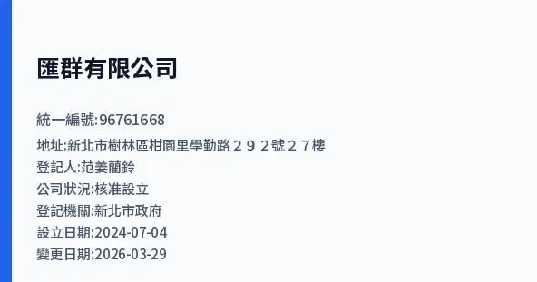 匯群有限公司的照片-統編 96761668(新北市) 公司登記資料與營業項目詳細圖表
