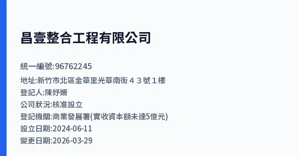 昌壹整合工程有限公司的照片-統編 96762245(新竹市) 公司登記資料與營業項目詳細圖表