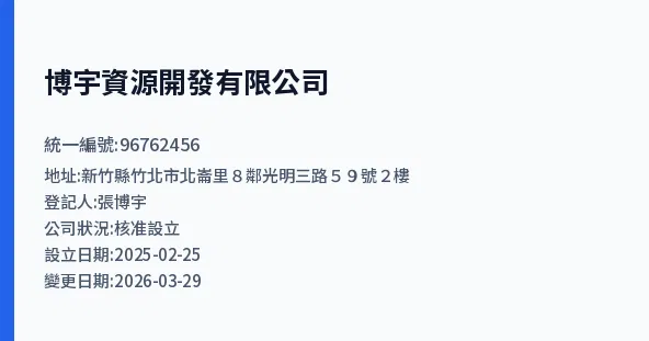 博宇資源開發有限公司的照片-統編 96762456(新竹縣) 公司登記資料與營業項目詳細圖表