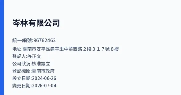 岑林有限公司的照片-統編 96762462(臺南市) 公司登記資料與營業項目詳細圖表
