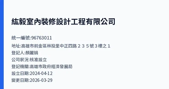 紘毅室內裝修設計工程有限公司的照片-統編 96763011(高雄市) 公司登記資料與營業項目詳細圖表