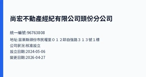 尚宏不動產經紀有限公司頭份分公司的照片-統編 96763808(苗栗縣) 公司登記資料與營業項目詳細圖表