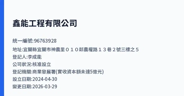 鑫能工程有限公司的照片-統編 96763928(宜蘭縣) 公司登記資料與營業項目詳細圖表