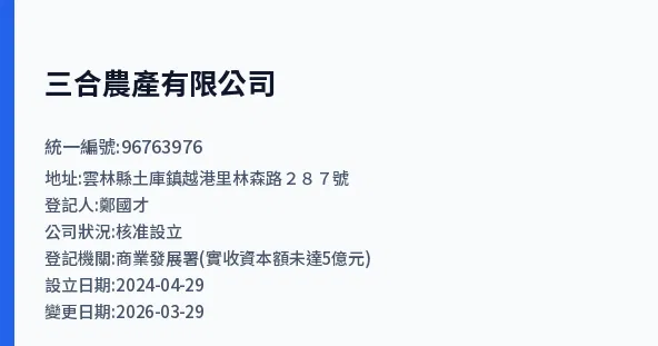 三合農產有限公司的照片-統編 96763976(雲林縣) 公司登記資料與營業項目詳細圖表