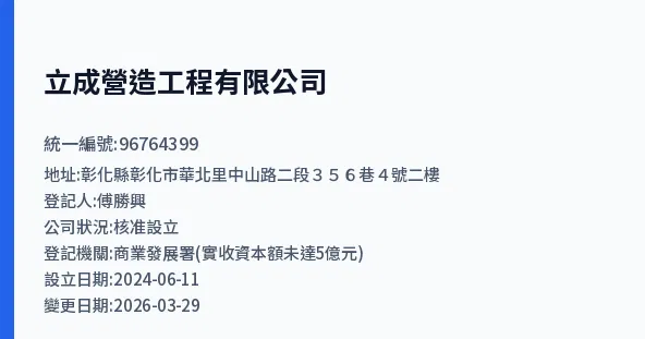 立成營造工程有限公司的照片-統編 96764399(彰化縣) 公司登記資料與營業項目詳細圖表