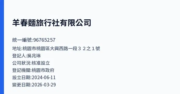 羊春麵旅行社有限公司的照片-統編 96765257(桃園市) 公司登記資料與營業項目詳細圖表