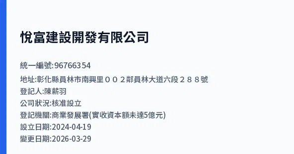 悅富建設開發有限公司的照片-統編 96766354(彰化縣) 公司登記資料與營業項目詳細圖表
