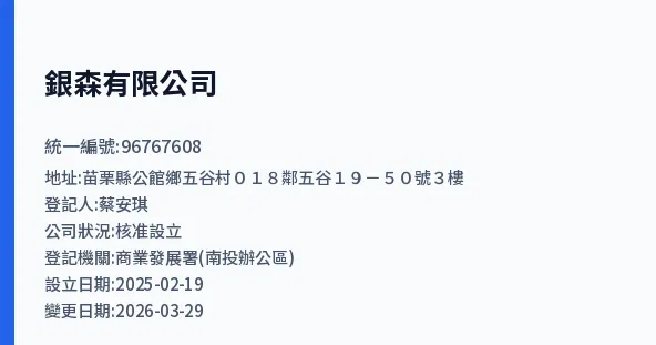 銀森有限公司的照片-統編 96767608(苗栗縣) 公司登記資料與營業項目詳細圖表