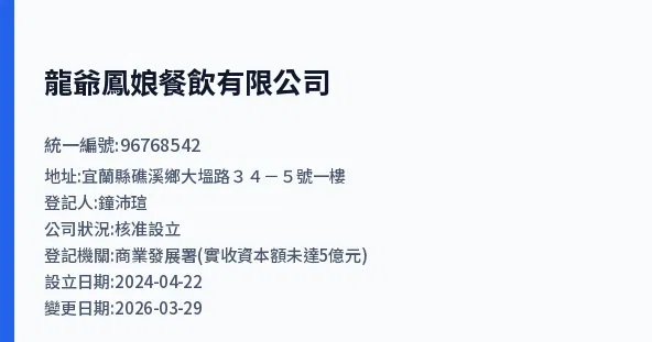 龍爺鳳娘餐飲有限公司的照片-統編 96768542(宜蘭縣) 公司登記資料與營業項目詳細圖表