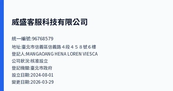 威盛客服科技有限公司的照片-統編 96768579(臺北市) 公司登記資料與營業項目詳細圖表