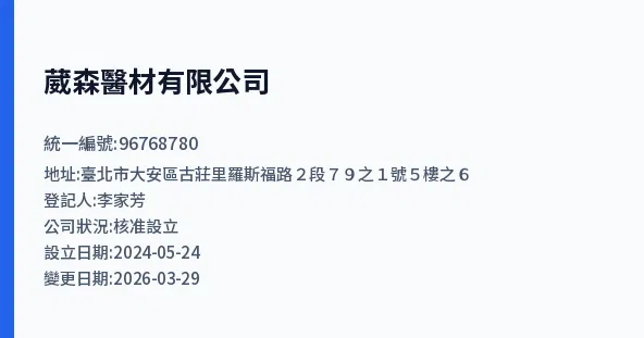 葳森醫材有限公司的照片-統編 96768780(臺北市) 公司登記資料與營業項目詳細圖表