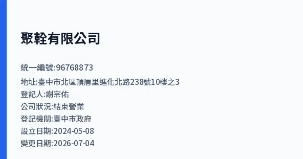 聚輇有限公司的照片-統編 96768873(臺中市) 公司登記資料與營業項目詳細圖表