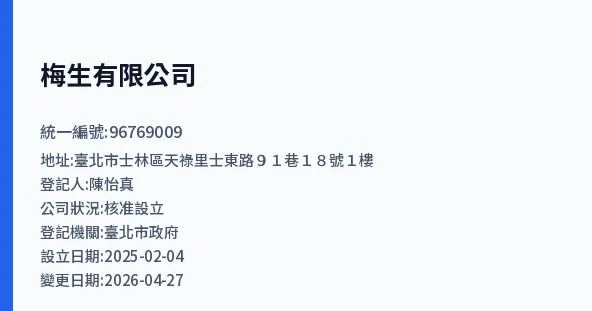梅生有限公司的照片-統編 96769009(臺北市) 公司登記資料與營業項目詳細圖表