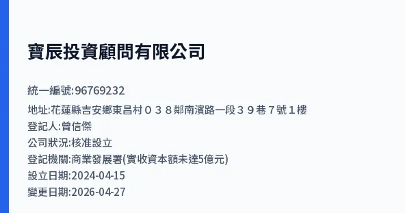 寶辰投資顧問有限公司的照片-統編 96769232(花蓮縣) 公司登記資料與營業項目詳細圖表