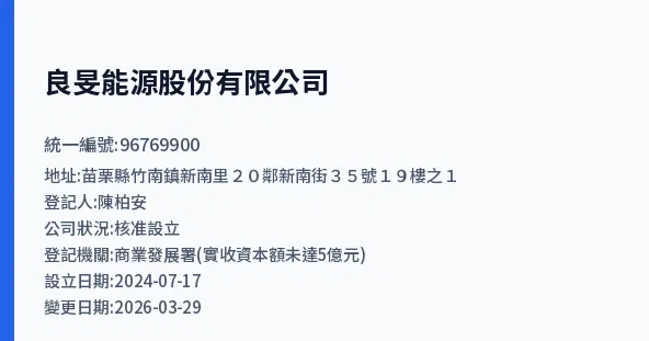 良旻能源股份有限公司的照片-統編 96769900(苗栗縣) 公司登記資料與營業項目詳細圖表