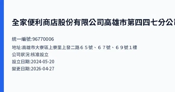 全家便利商店股份有限公司高雄市第四四七分公司的照片-統編 96770006(高雄市) 公司登記資料與營業項目詳細圖表