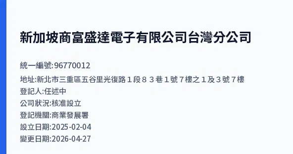新加坡商富盛達電子有限公司台灣分公司的照片-統編 96770012(新北市) 公司登記資料與營業項目詳細圖表