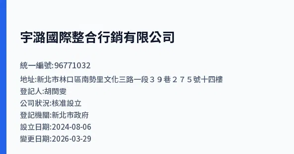 宇潞國際整合行銷有限公司的照片-統編 96771032(新北市) 公司登記資料與營業項目詳細圖表