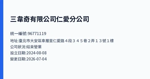 三韋奇有限公司仁愛分公司的照片-統編 96771119(臺北市) 公司登記資料與營業項目詳細圖表