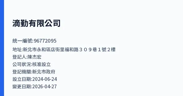 滴勤有限公司的照片-統編 96772095(新北市) 公司登記資料與營業項目詳細圖表
