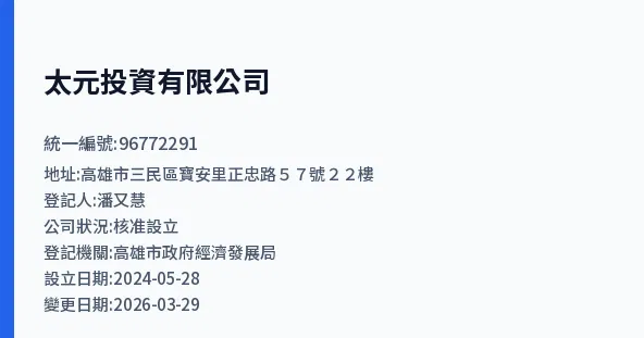 太元投資有限公司的照片-統編 96772291(高雄市) 公司登記資料與營業項目詳細圖表