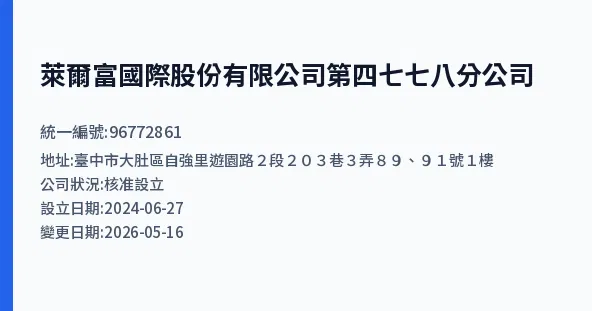 萊爾富國際股份有限公司第四七七八分公司的照片-統編 96772861(臺中市) 公司登記資料與營業項目詳細圖表