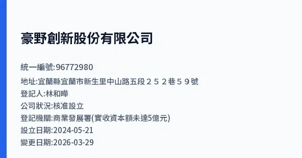 豪野創新股份有限公司的照片-統編 96772980(宜蘭縣) 公司登記資料與營業項目詳細圖表
