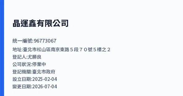 晶運鑫有限公司的照片-統編 96773067(臺北市) 公司登記資料與營業項目詳細圖表