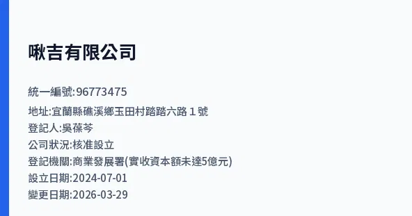 啾吉有限公司的照片-統編 96773475(宜蘭縣) 公司登記資料與營業項目詳細圖表