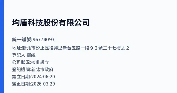 均盾科技股份有限公司的照片-統編 96774093(新北市) 公司登記資料與營業項目詳細圖表