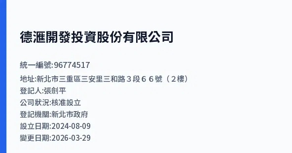 德滙開發投資股份有限公司的照片-統編 96774517(新北市) 公司登記資料與營業項目詳細圖表