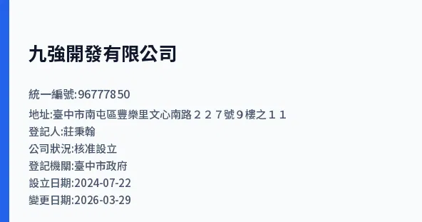 九強開發有限公司的照片-統編 96777850(臺中市) 公司登記資料與營業項目詳細圖表