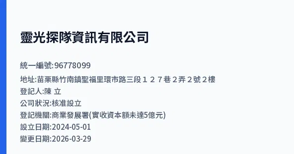 靈光探隊資訊有限公司的照片-統編 96778099(苗栗縣) 公司登記資料與營業項目詳細圖表